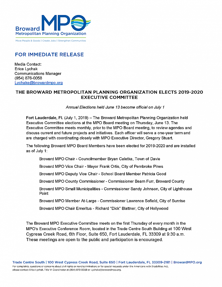 The Broward MPO Elects 2019-2020 Executive Committee